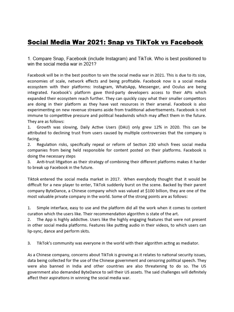 CaseAnalysis - Social Media War 2021 - Snap Vs TikTok Vs Facebook | PDF ...