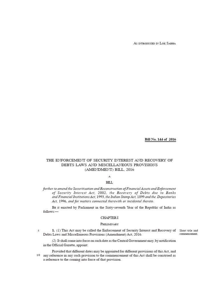 Enforcement of Security Bill, 2016 | PDF | Security Interest | Lease