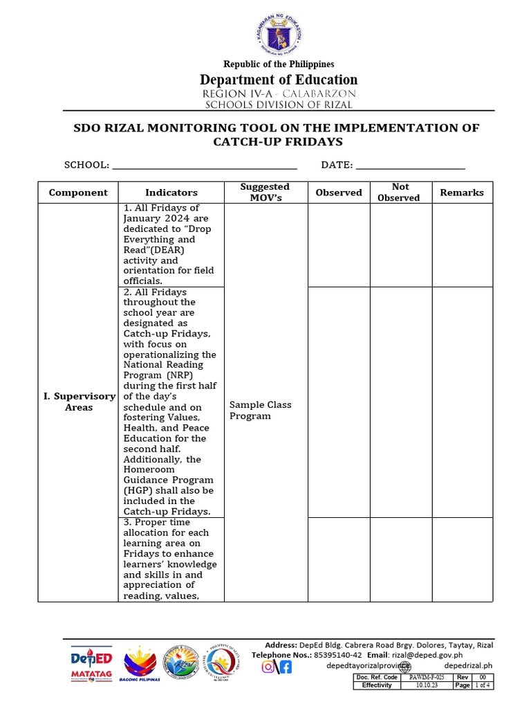 SDO Rizal Catch Up Fridays Monitoring Tool | PDF | Behavior ... SDO Rizal Catch Up Fridays Monitoring Tool | PDF | Behavior ...
