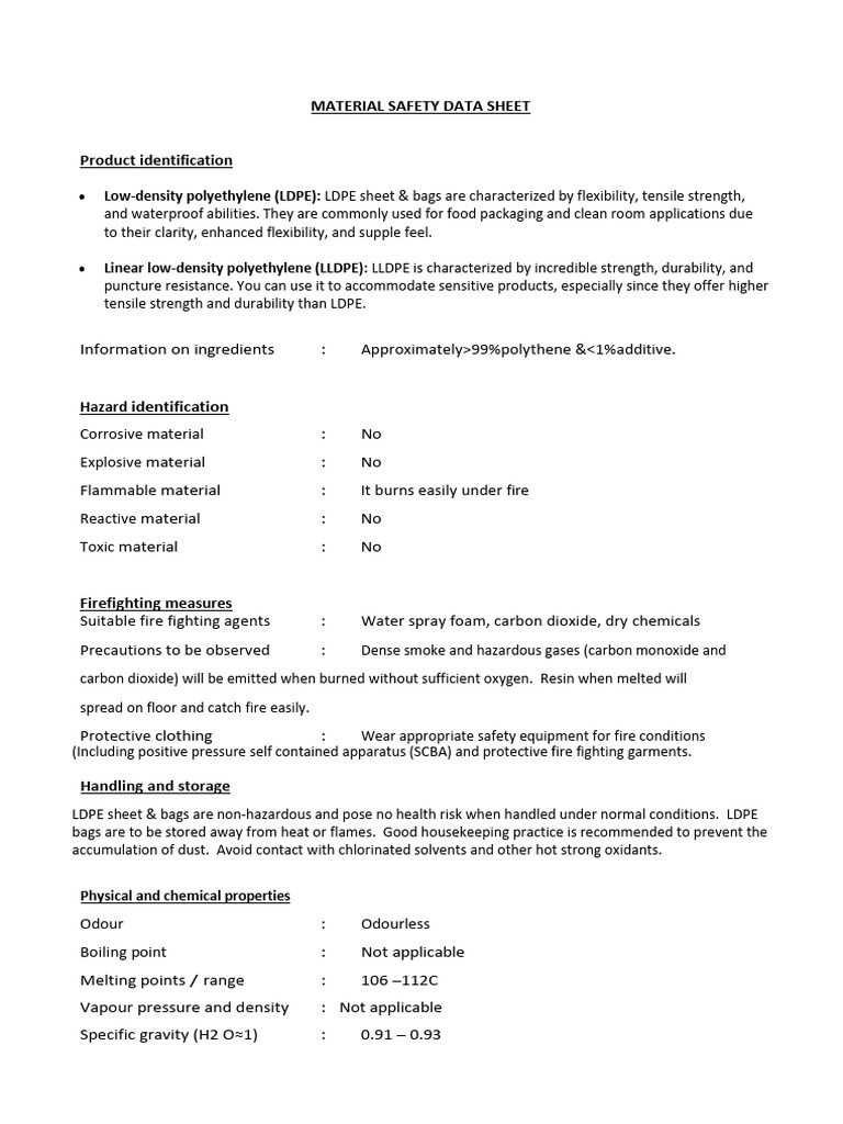 Material Safety Data Sheet For LDPE&LLDPE | PDF | Polyethylene ...