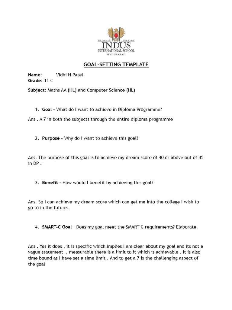 Academic Goal Setting Template (2) - Vidhi - 11C | PDF | Goal | Goal ...