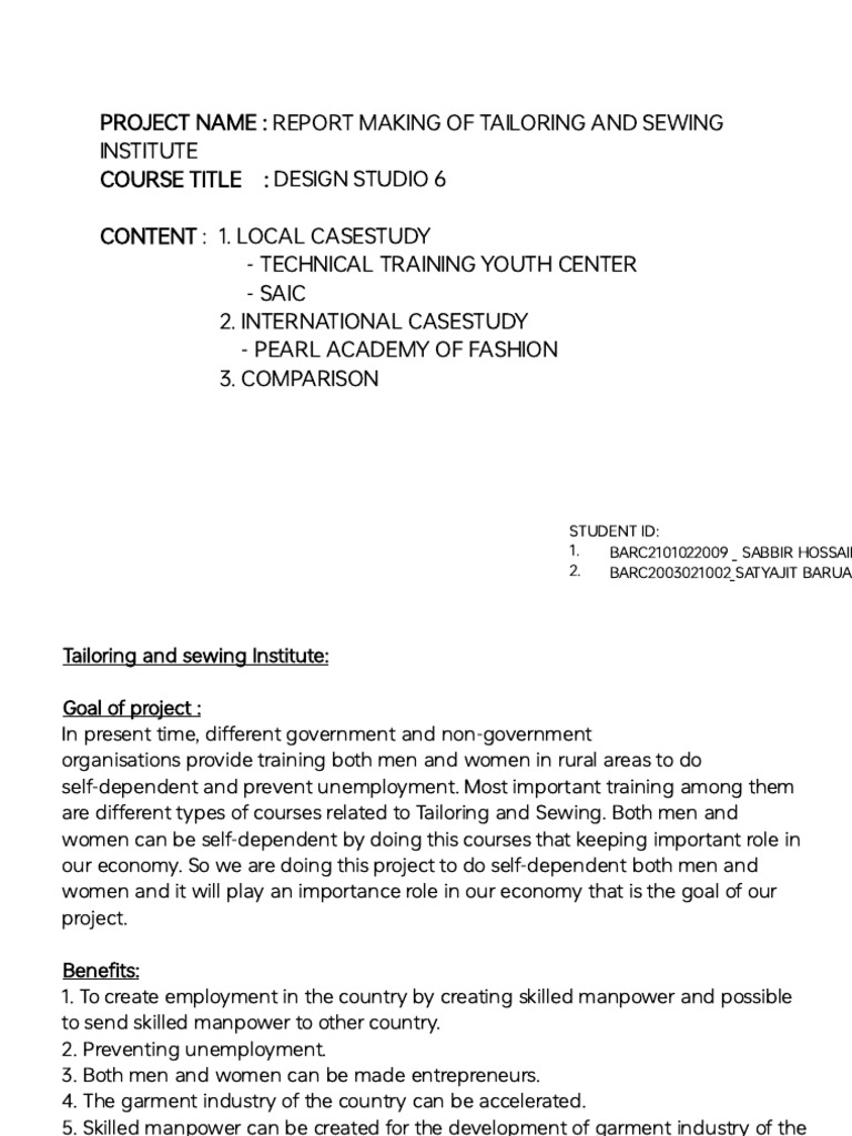 Tailoring And Sewing Institute Report Pdf Classroom Sewing
