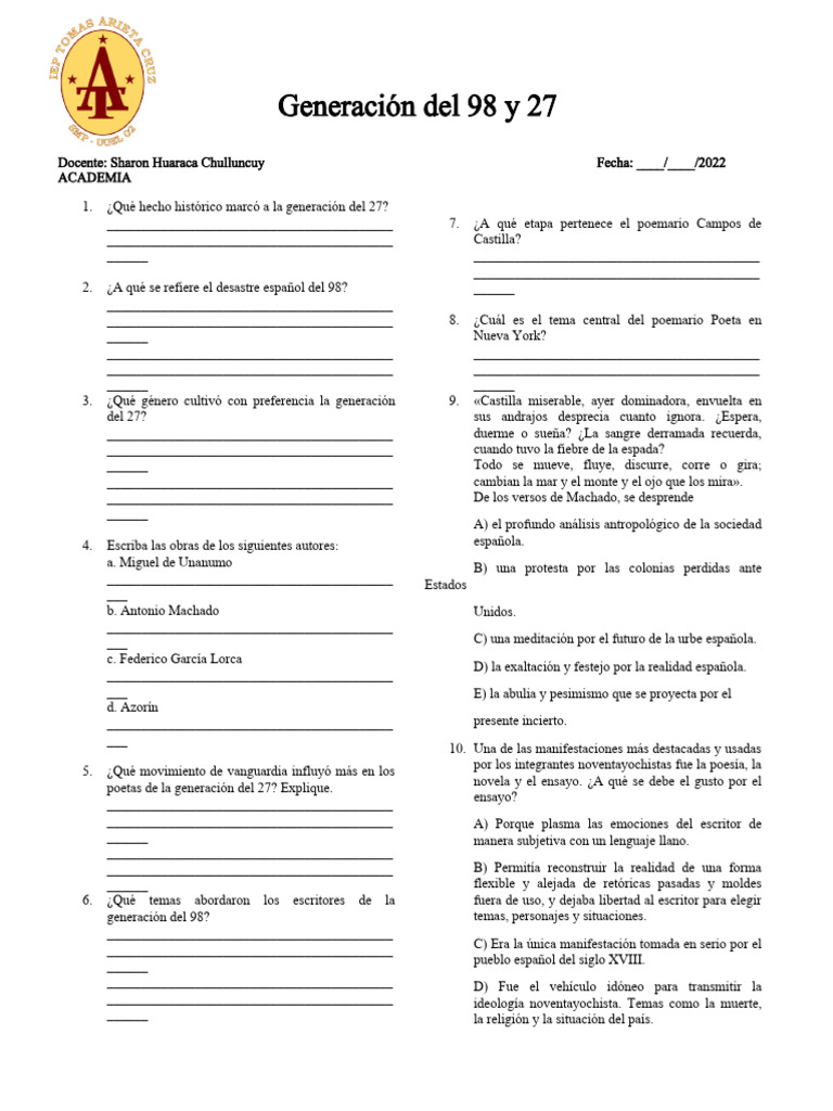 LIT. Generacion Del 98 y 27 - 5TO SEC | PDF | Federico García Lorca | Literatura española