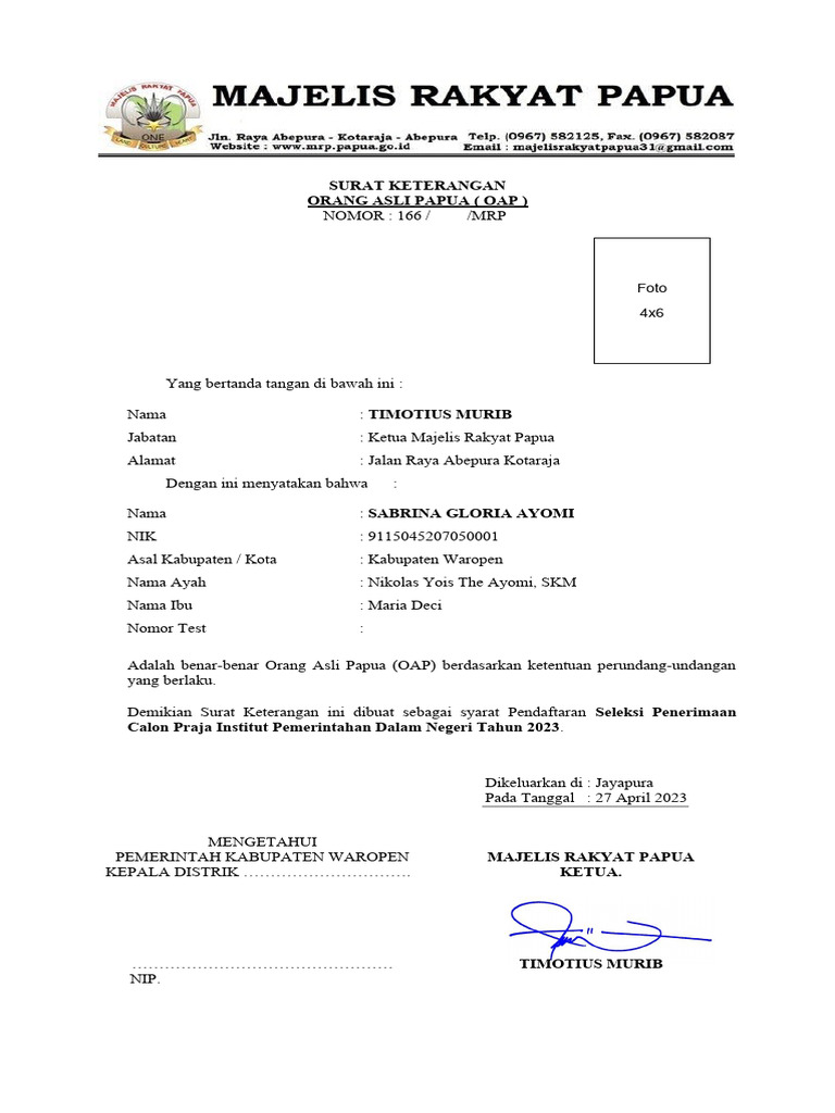 SURAT KETERANGAN OAP IPDN 2023 (SABRINA) | PDF