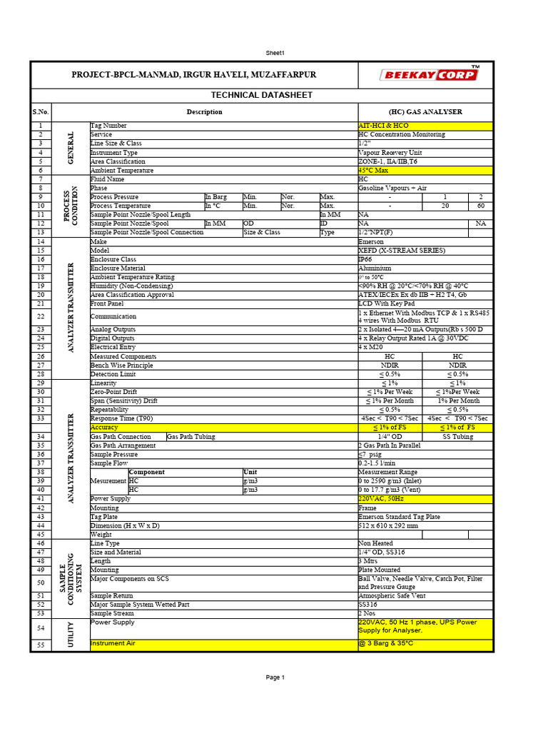 HCI Gas Analyzer Technical Datasheet | PDF | Continuum Mechanics | Gases