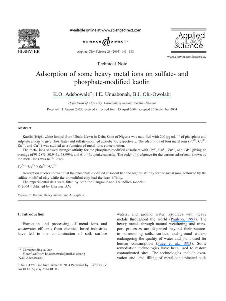 Adebowale, Unuabonah, Olu-Owolabi - 2005 - Adsorption of Some Heavy Metal Ions On Sulfate - and ...