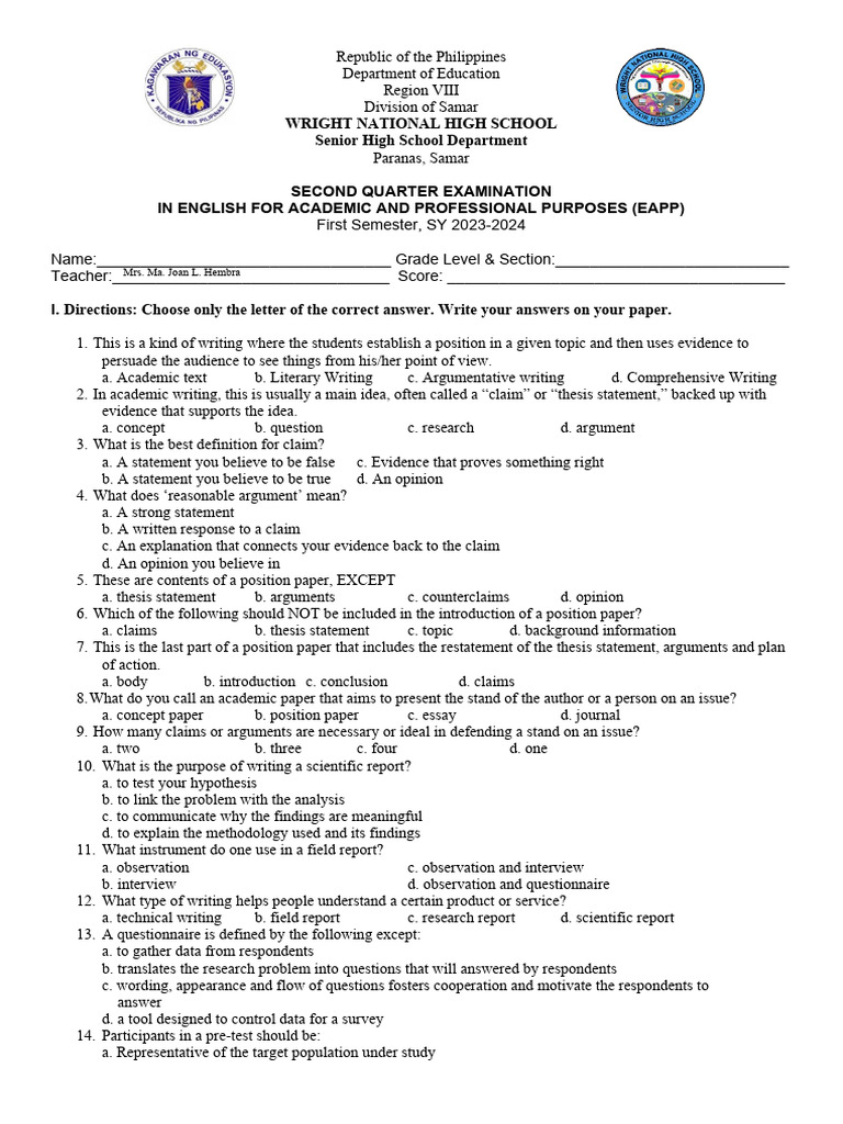 Eapp q2 Exams | PDF | Sampling (Statistics) | Survey Methodology
