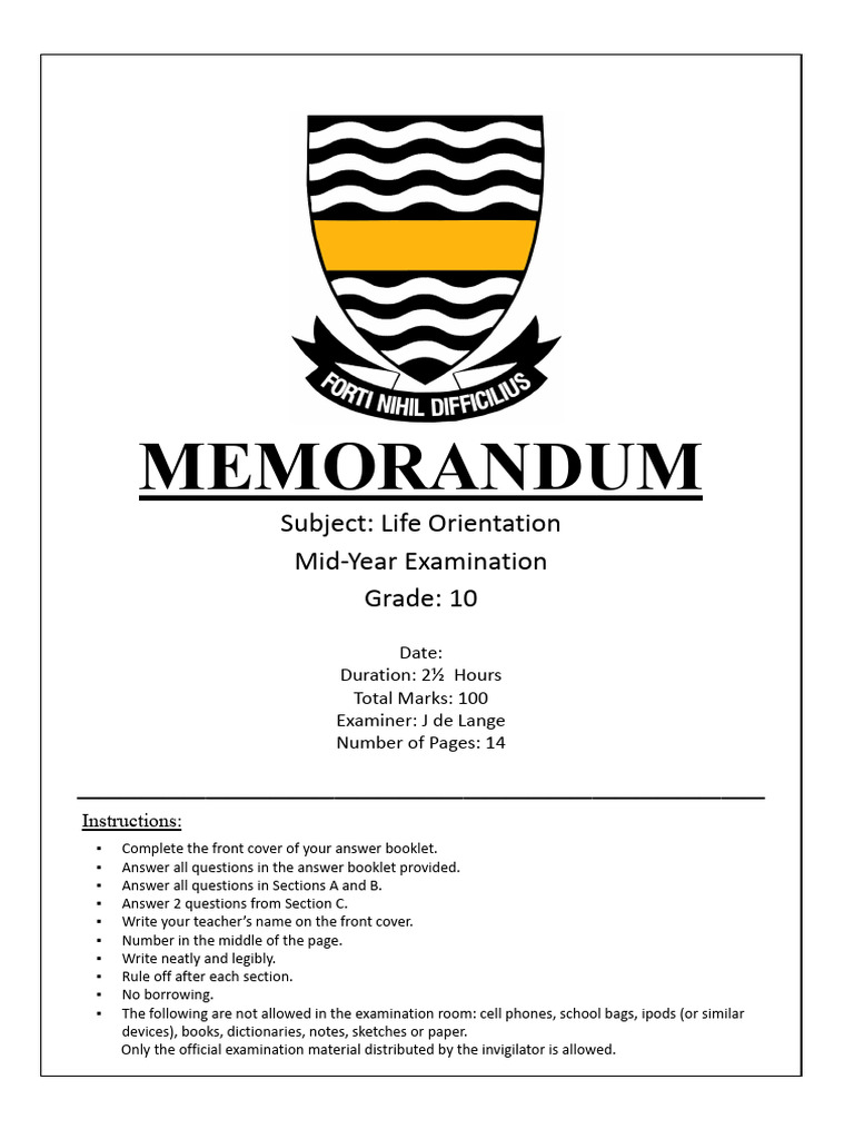 MEMO Grade 10 LO Exam Term 2 - 2021 June | PDF | Adolescence ...