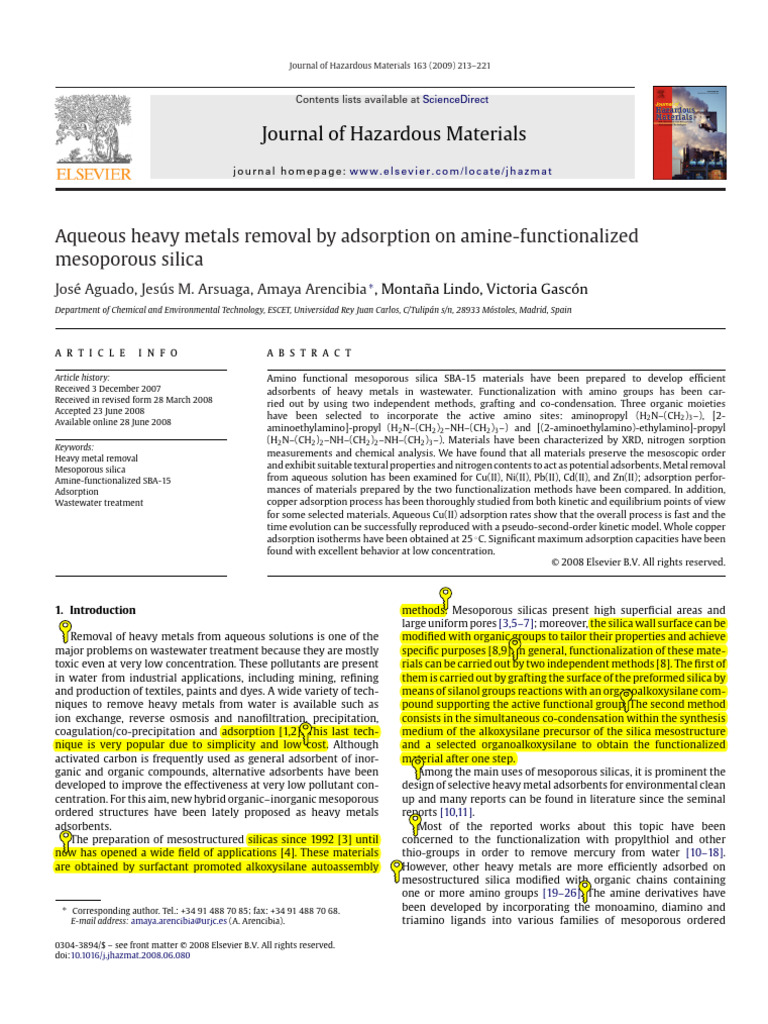 Aguado Et Al. - 2009 - Aqueous Heavy Metals Removal by Adsorption On Amine-Functionalized ...