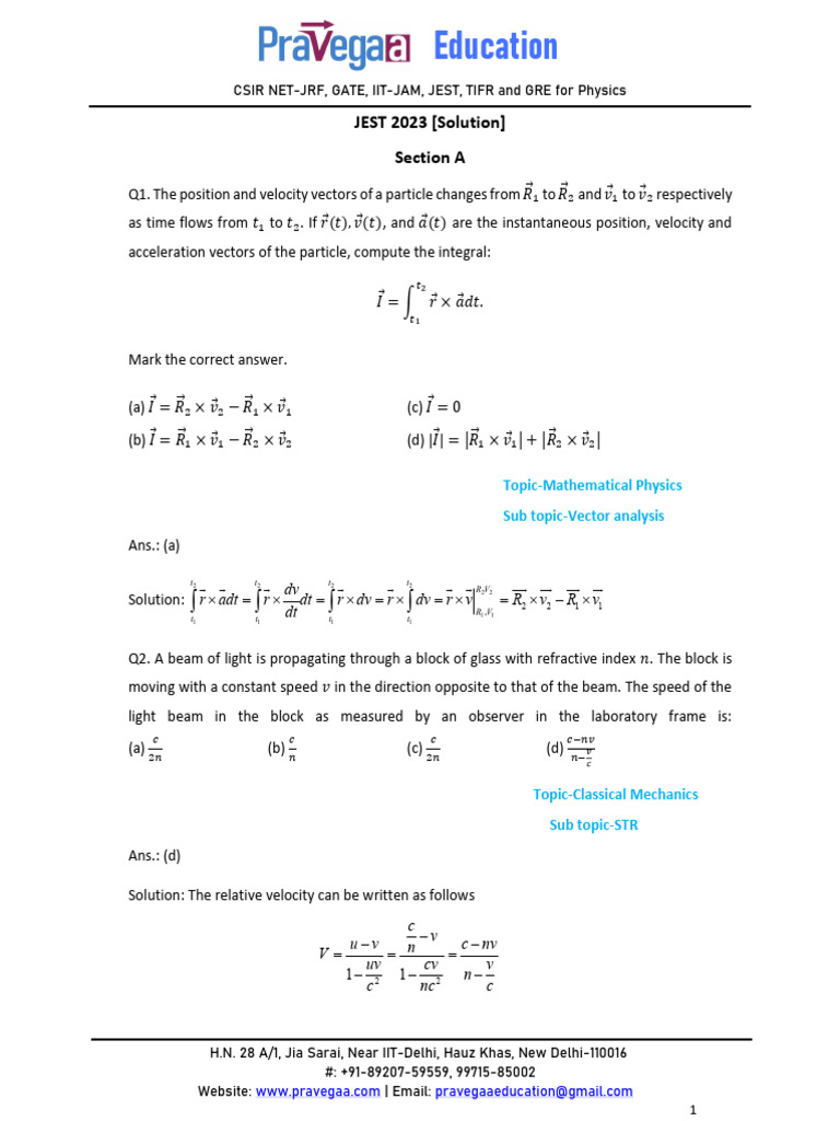 Jest 2023 Question With Solution 1 | PDF | Physics | Applied And Interdisciplinary Physics