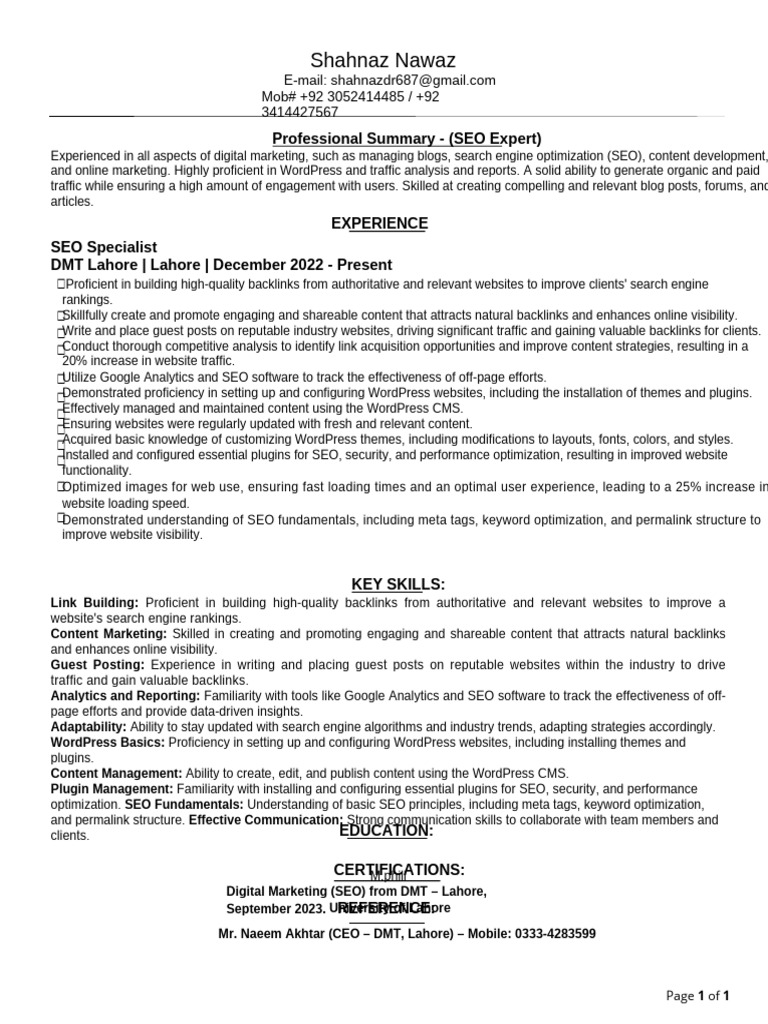 Shahnaz Resume | PDF | Search Engine Optimization | Word Press