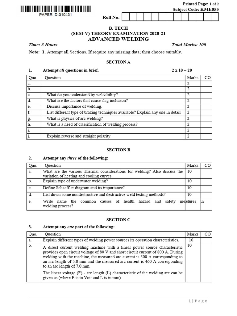 Btech Me 5 Sem Advanced Welding Kme055 2021 | PDF | Construction | Welding Btech Me 5 Sem Advanced Welding Kme055 2021 | PDF | Construction | Welding