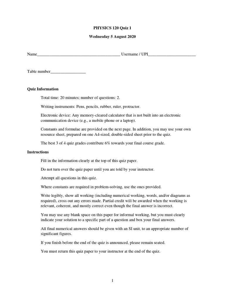 Physics 120 Quiz 1 Instructions and Questions | PDF