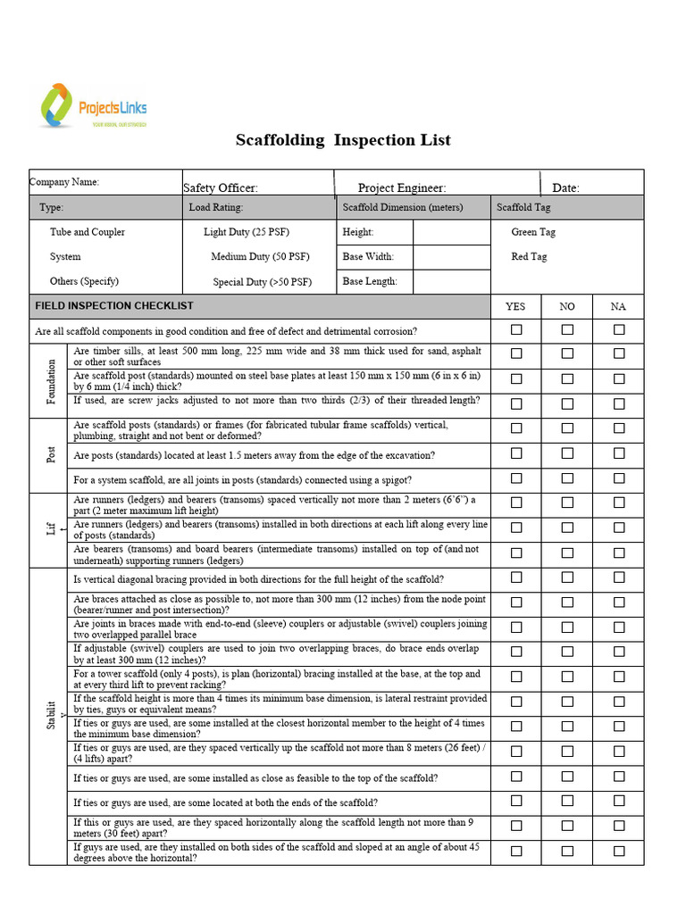 Scaffold Inspection Checklist | PDF | Scaffolding | Equipment