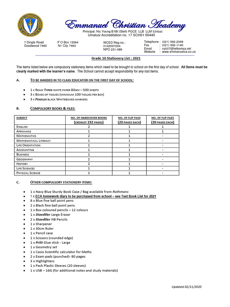 Grade 10 Stationery List 2021 | PDF | Stationery | Office Work