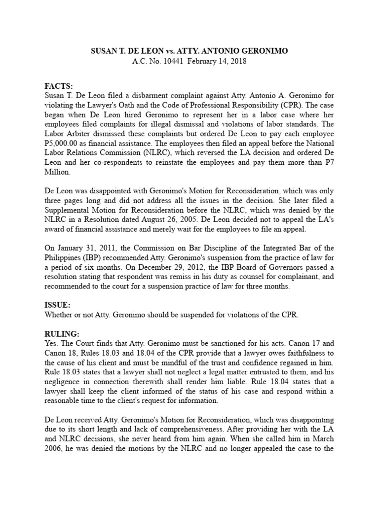 Susan T. de Leon vs. Atty. Antonio Geronimo | PDF | Complaint | Common Law