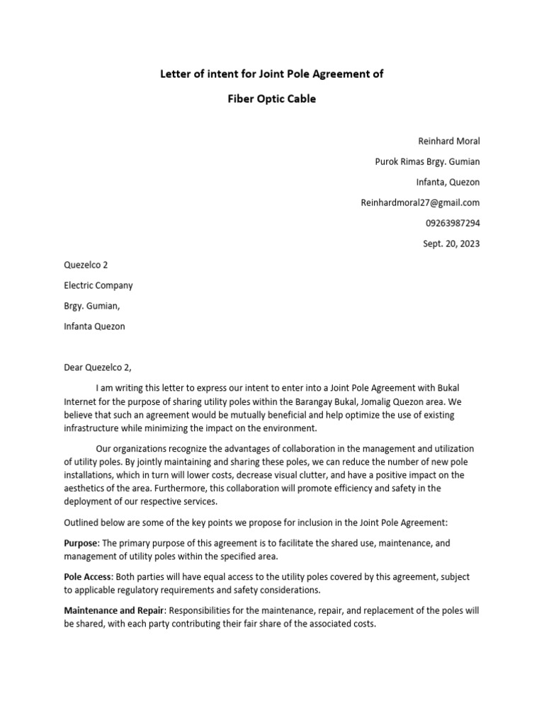 Letter of Intent For Joint Pole Agreement For Fiber Optic Cable | PDF ...