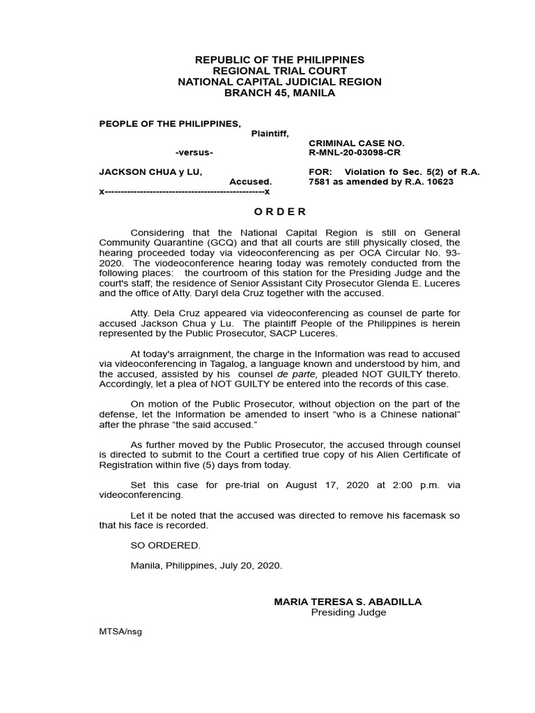 Order - PP vs. Jackson Chua (Arraignment) | PDF | Arraignment ...