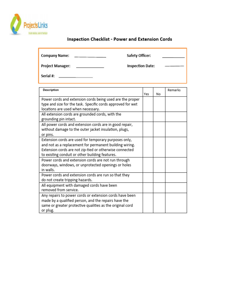 Extension Cord Checklist | PDF | Insulator (Electricity) | Electrical ...