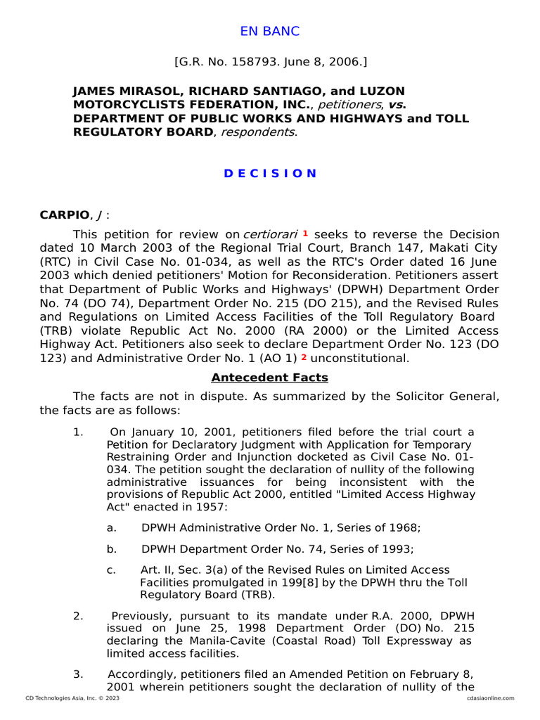 Mirasol v. DPWH (21 Pages) | PDF | Injunction | Controlled Access Highway