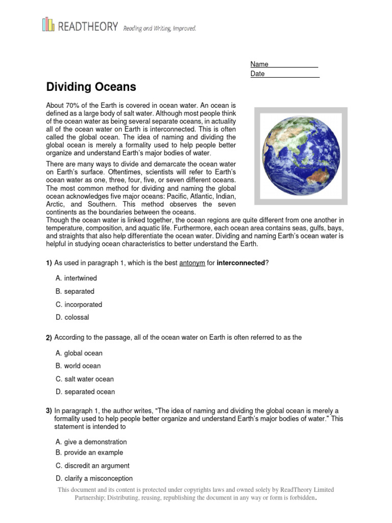 9th Grade Dividing Oceans Text - Questions | PDF | Oceans | Earth