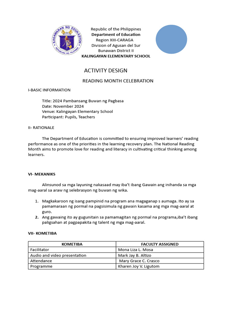 Activity Design IN FILIPINO | PDF