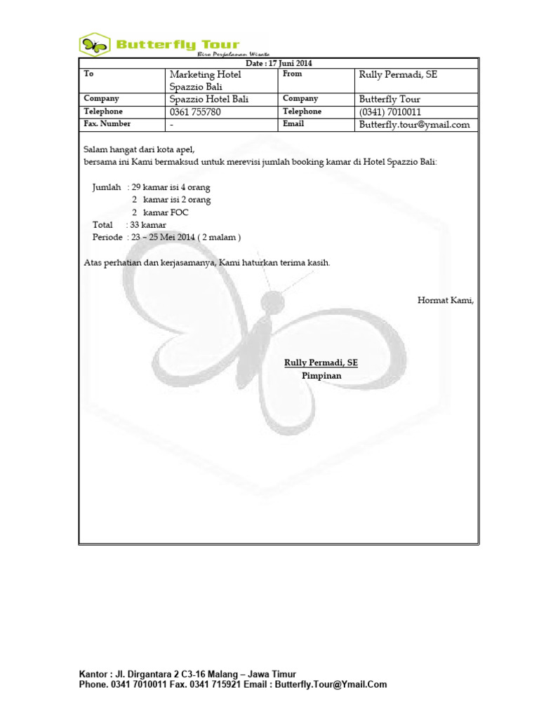 Surat Permohonan Reservasi Hotel | PDF
