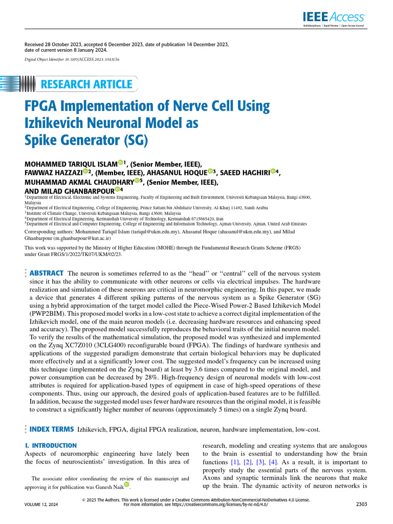 FPGA Implementation of Nerve Cell Using Izhikevich Neuronal Model As Spike Generator SG | PDF ...
