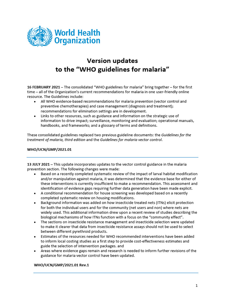 Version Updates To The Who Guidelines For Malaria | PDF | Malaria ...