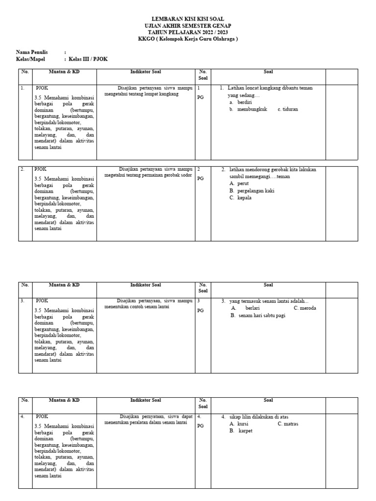 Kisi-Kisi Soal PJOK Kelas 3 Semester 2 | PDF