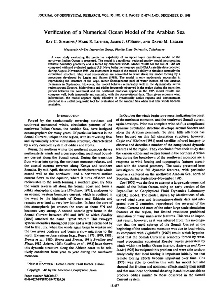 Verification Of A Numerical Ocean Model Of The Arabian Sea Pdf