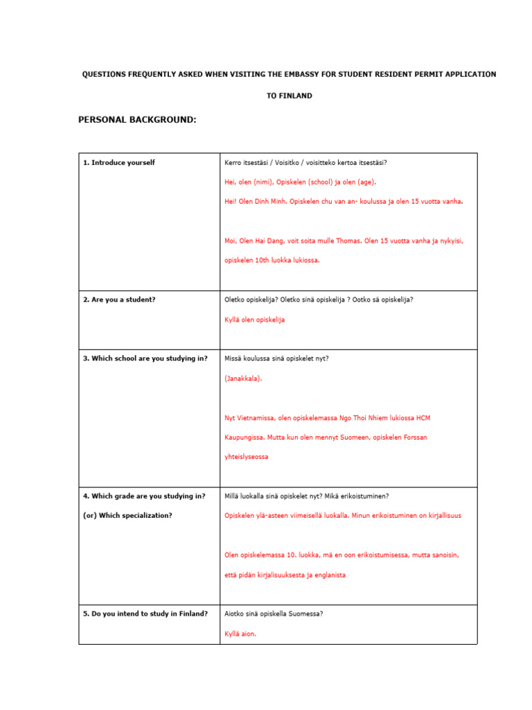 FAQ - Finnish Embassy - Student RP Application | PDF