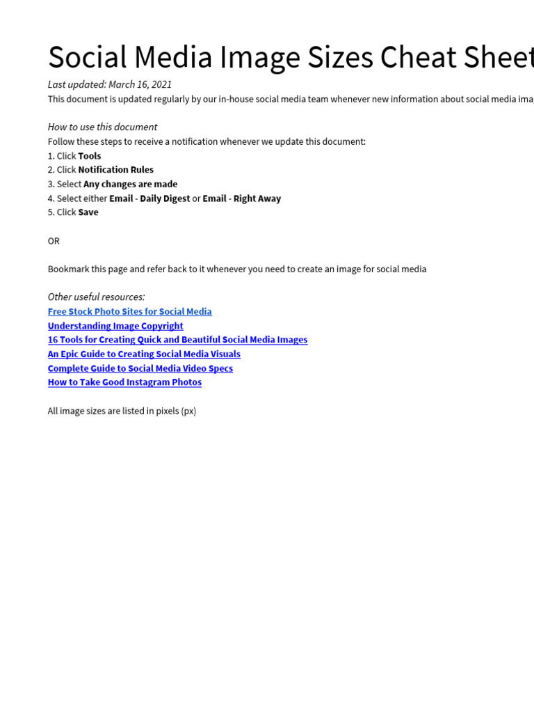 Cheat Sheet - Social Media Images Sizes | PDF | Pixel | Social Media