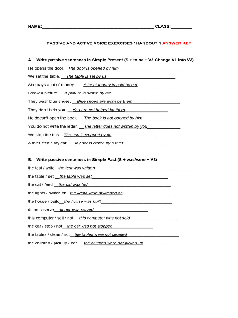 Active Passive Voice Exercise 1 - Answer Key | PDF