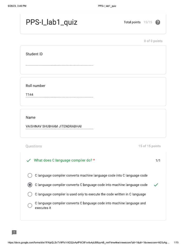 C Language Quiz 1 | PDF