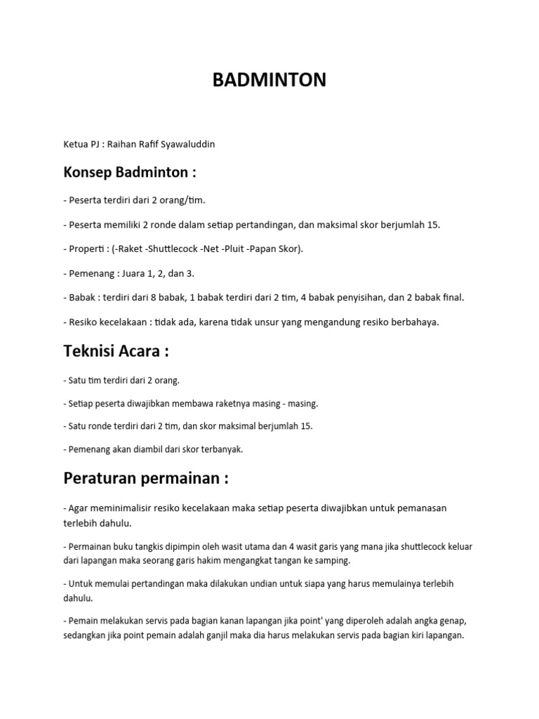 Aturan dan Skor Maksimal Badminton | PDF