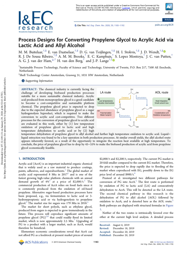 Buitelaar Et Al 2019 Process Designs For Converting Propylene Glycol To ...