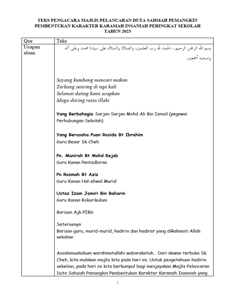 TEKS PENGACARA MAJLIS PELANCARAN Duta Sahsiah Pemangkin Pembentukan | PDF