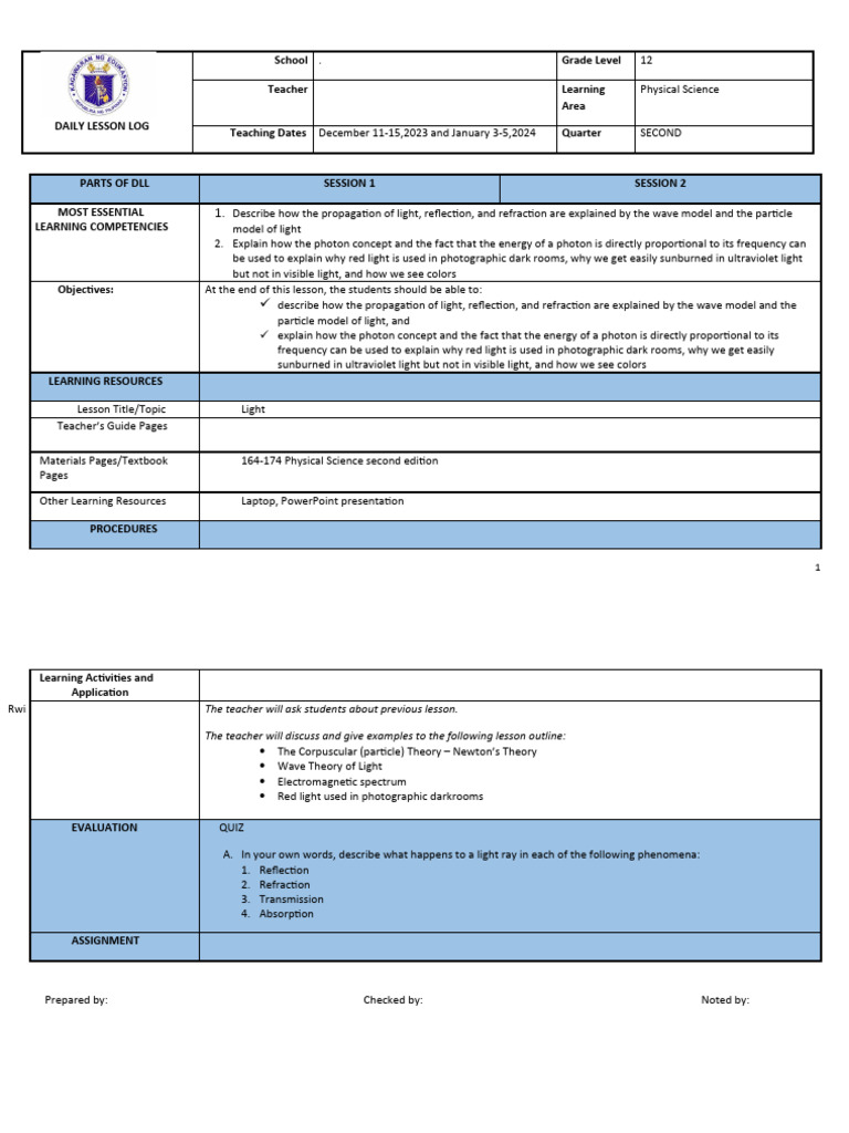 Light Propagation and Reflection Lesson Plan | PDF | Light | Waves
