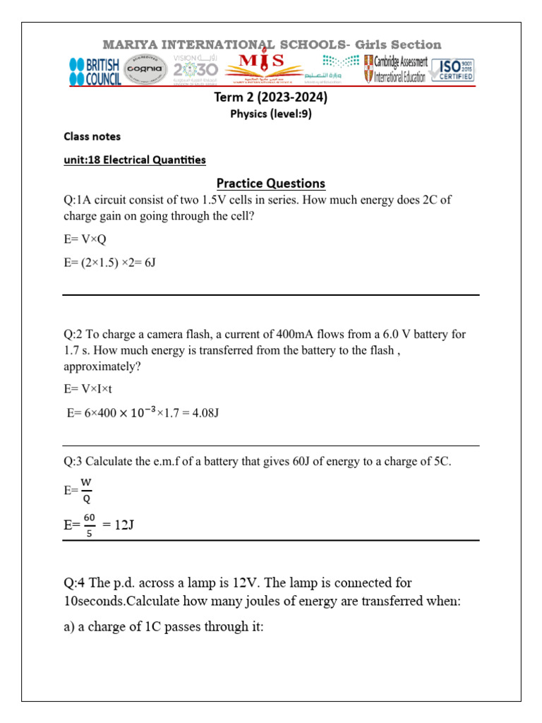 Electrical Quantities Practice Questions | PDF | Voltage | Electrical ...