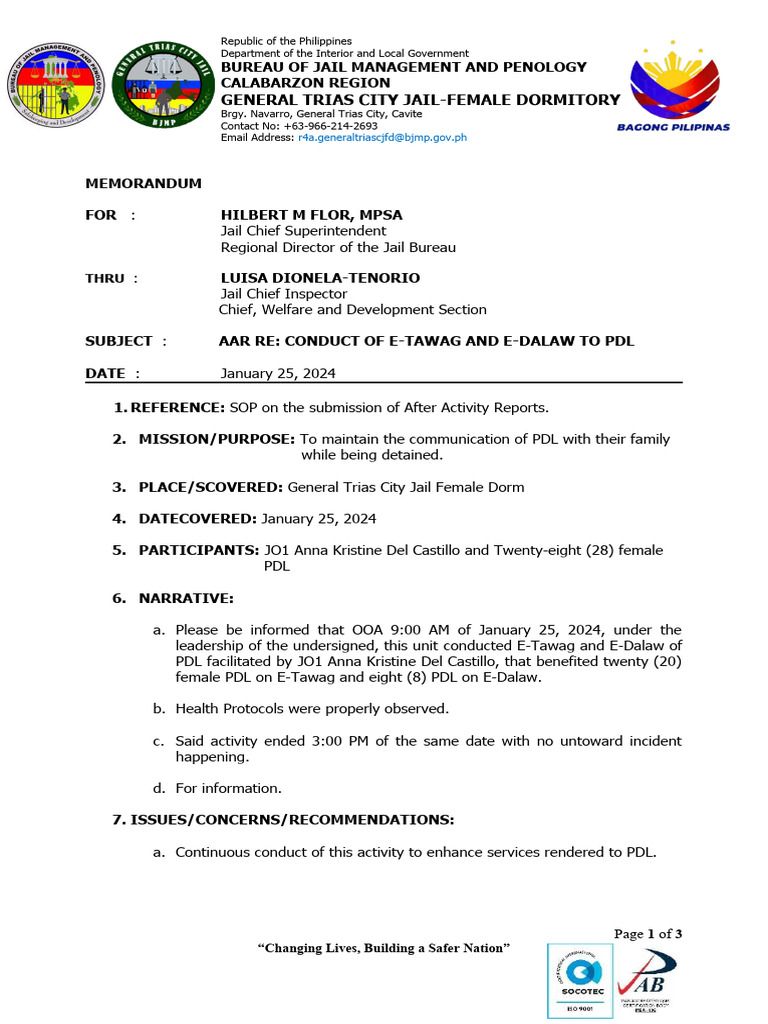 Aar Re Conduct of E-Tawag and E-Dalaw Dated 25 Jan 2024 | PDF ...