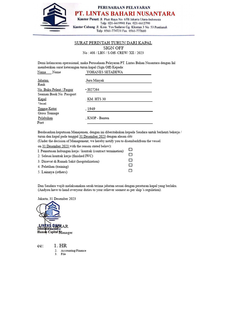 Surat Keterangan Sign Off Kapal | PDF