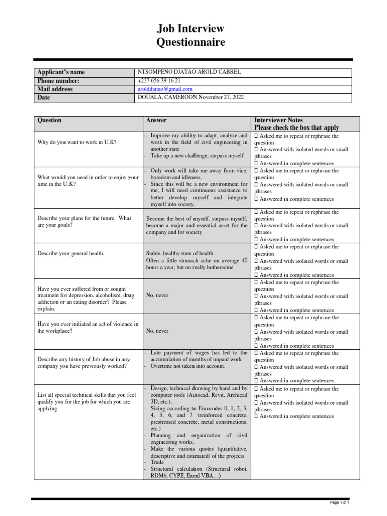 Job Interview Questionnaire | PDF | English Language | Question