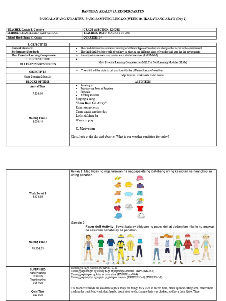 BANGHAY ARALIN SA KINDERGARTEN WK 10 | PDF | Learning | Behavior Modification
