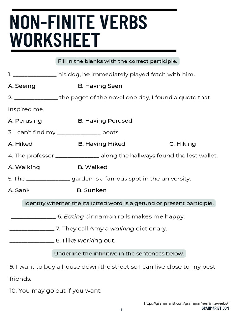 Non Finite Verbs Worksheet | PDF Non Finite Verbs Worksheet | PDF