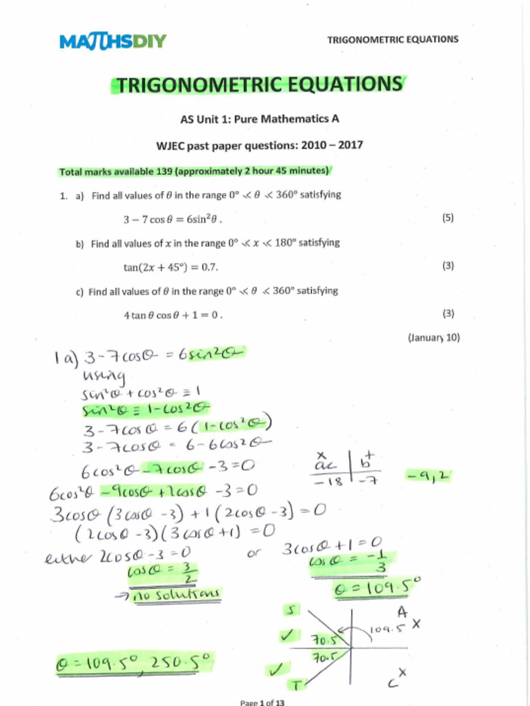 Trigonometric Equations Solutions | PDF