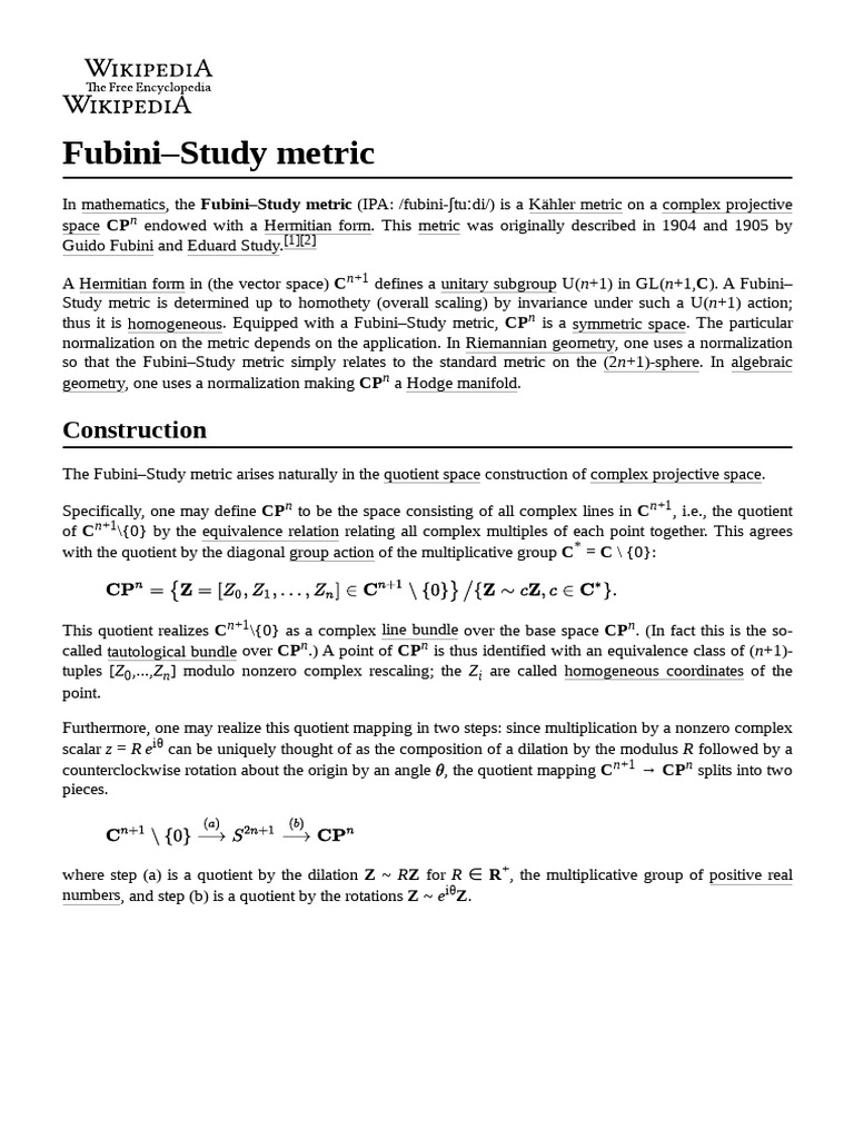 Fubini-Study Metric | PDF | Manifold | Geometry