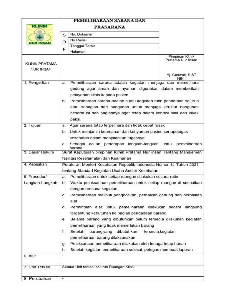 Sop Pemeliharaan Sarana Dan Prasarana | PDF