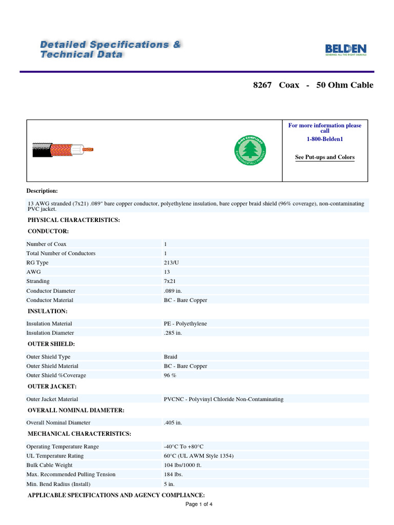 Belden RG213 | PDF | Coaxial Cable | Electromagnetism