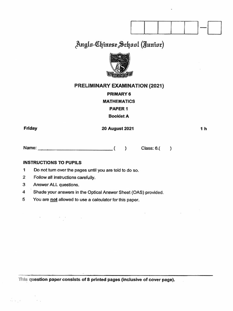 P6 Maths Prelim 2021 ACS Exam Papers | PDF